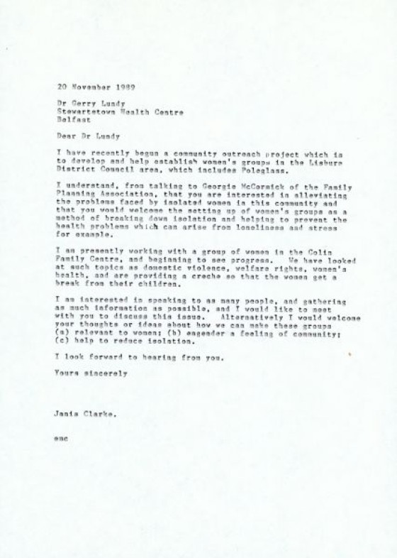 A letter to Dr Gerry Lundy from Janis Clarke, 1989 | extraORDINARYwomenNI