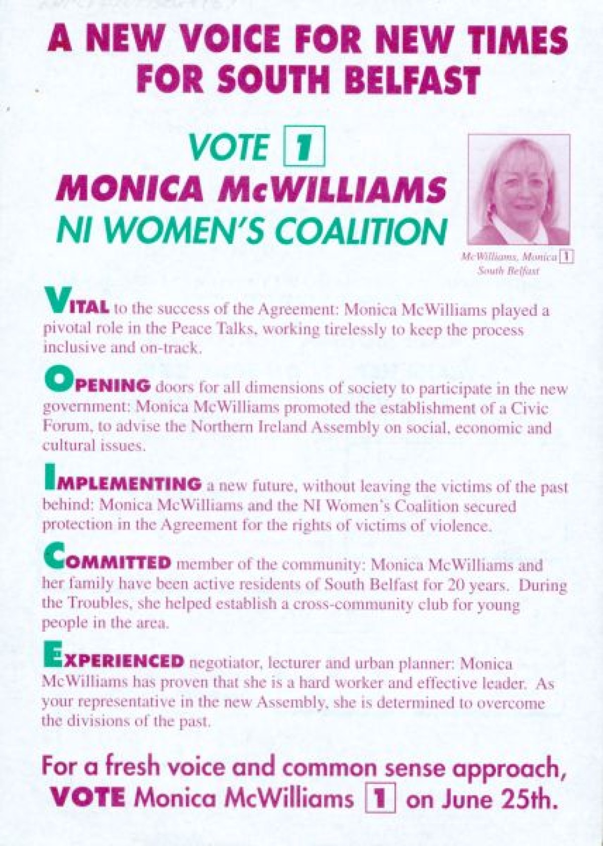 Vote 1 Monica McWilliams (flyer) | extraORDINARYwomenNI