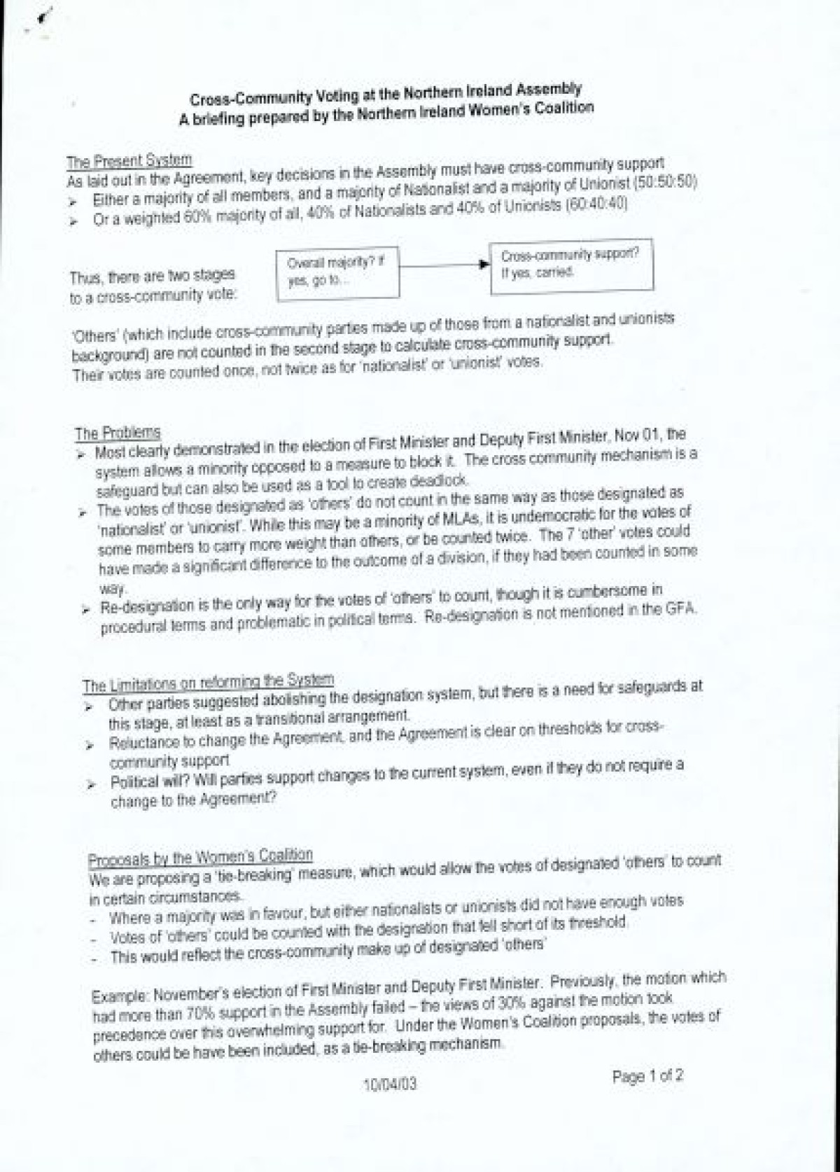 Cross-Community Voting at the Northern Ireland Assembly ...